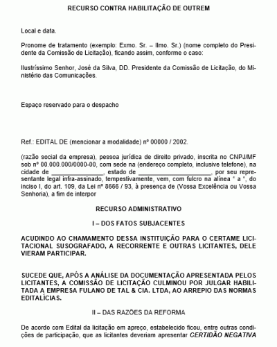 Modelo de Recurso contra Habilitação Outrem - Edital Modelo de Recurso contra Habilitação Outrem - Edital