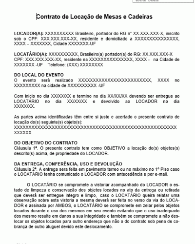 Modelo De Contrato De Locação De Mesas E Cadeiras Para Eventos