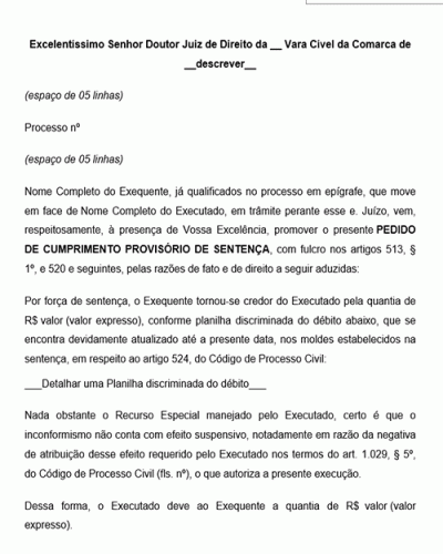 Modelo de Petição para Cumprimento provisório de sentença - Conforme ... Modelo de Petição para Cumprimento provisório de sentença - Conforme ...