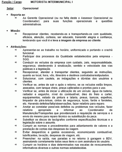 Modelo de Descrição de Cargo - Motorista Intermunicipal I Modelo de Descrição de Cargo - Motorista Intermunicipal I