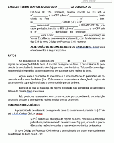 Petição Padrão para Alteração do Regime de Bens do casamento Petição Padrão para Alteração do Regime de Bens do casamento