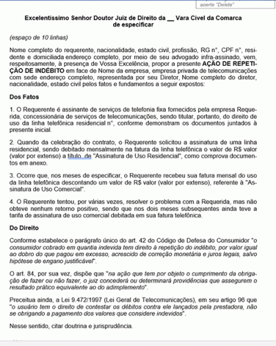 Modelo de Petição Restituição de Valores Pagos Indevidamente da Tarifa ... Modelo de Petição Restituição de Valores Pagos Indevidamente da Tarifa ...