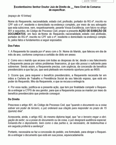 Modelo de Petição Ação de Exibição de Documentos II Modelo de Petição Ação de Exibição de Documentos II