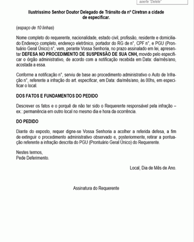 Exemplo de Petição Defesa - Suspensão de CNH Exemplo de Petição Defesa - Suspensão de CNH