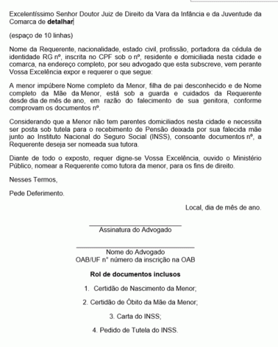 Modelo de Petição Nomeação de Tutora Modelo de Petição Nomeação de Tutora
