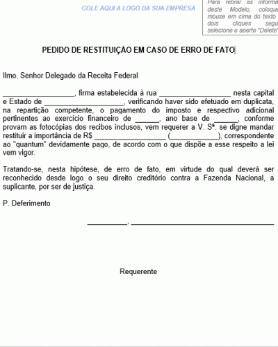 Referência para um Pedido de Restituição em Caso de Erro de Fato ... Referência para um Pedido de Restituição em Caso de Erro de Fato ...