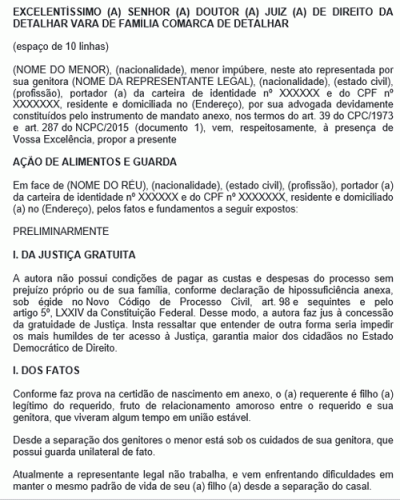 Modelo de Petição de Ação de Alimentos e Guarda (Conforme Novo CPC-2015) Modelo de Petição de Ação de Alimentos e Guarda (Conforme Novo CPC-2015)