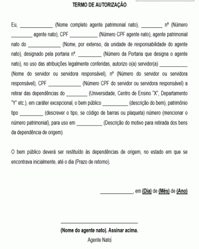 Modelo de Termo de Autorização de Retirada de Bens Modelo de Termo de Autorização de Retirada de Bens
