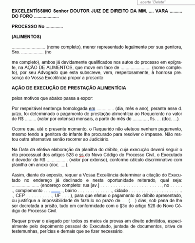 Referência para Petição Ação de Execução de Prestação Alimentícia ... Referência para Petição Ação de Execução de Prestação Alimentícia ...