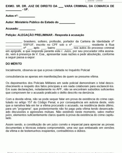 Termo de Petição Resposta a Acusação Defesa Preliminar Roubo Termo de Petição Resposta a Acusação Defesa Preliminar Roubo