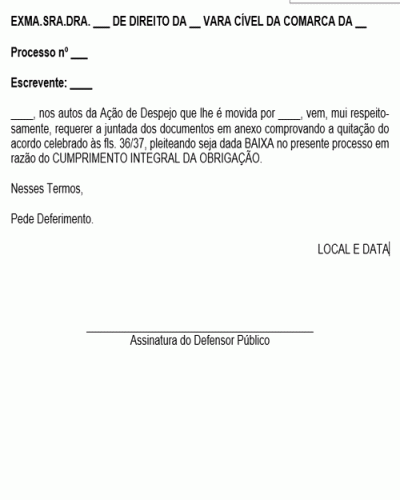 Modelo de Petição Cumprimento da Obrigação Modelo de Petição Cumprimento da Obrigação