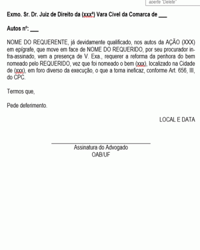 Modelo de Petição Pedido de Reforma de Penhora em Virtude da Nomeação ... Modelo de Petição Pedido de Reforma de Penhora em Virtude da Nomeação ...