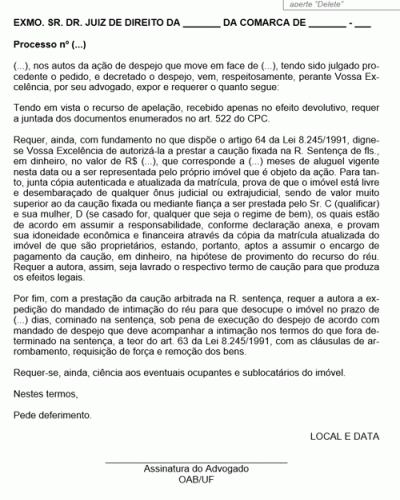 Modelo de Petição para Execução Provisória do Despejo - NOVO CPC Modelo de Petição para Execução Provisória do Despejo - NOVO CPC