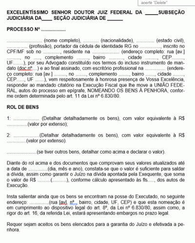 Modelo de Petição Nomeando os Bens a Penhora Modelo de Petição Nomeando os Bens a Penhora