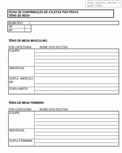 Referência de Ficha de Confirmação de Atleta por Prova Tênis de Mesa ... Referência de Ficha de Confirmação de Atleta por Prova Tênis de Mesa ...