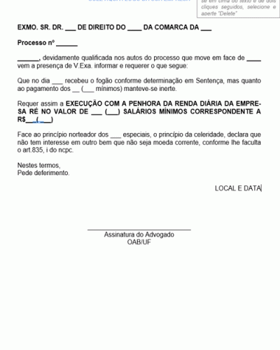Exemplo de Petição Intermediária Penhora Renda Exemplo de Petição Intermediária Penhora Renda