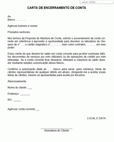 Exemplo de Carta de Encerramento de Conta Exemplo de Carta de Encerramento de Conta