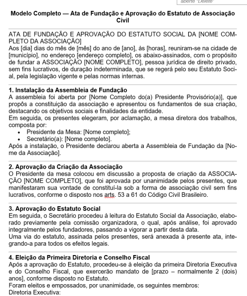 Modelo de Ata de Fundação e Aprovação do Estatuto de Associação Civil