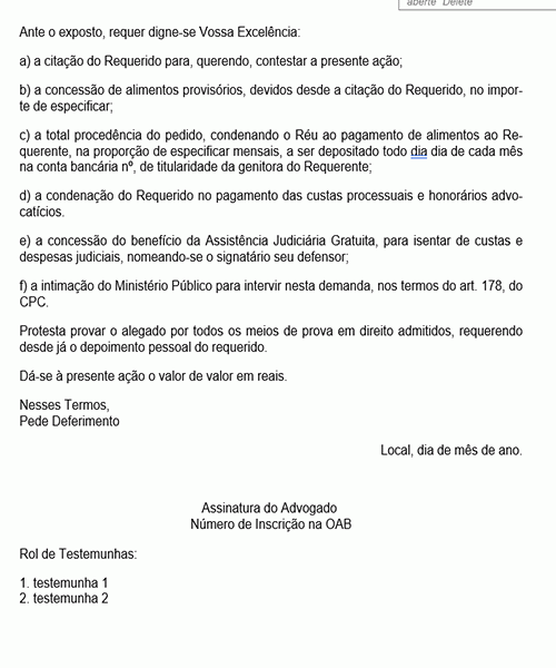 Modelo de Petição Alimentos - Pedido ao Genitor - Conforme novo CPC Lei ...